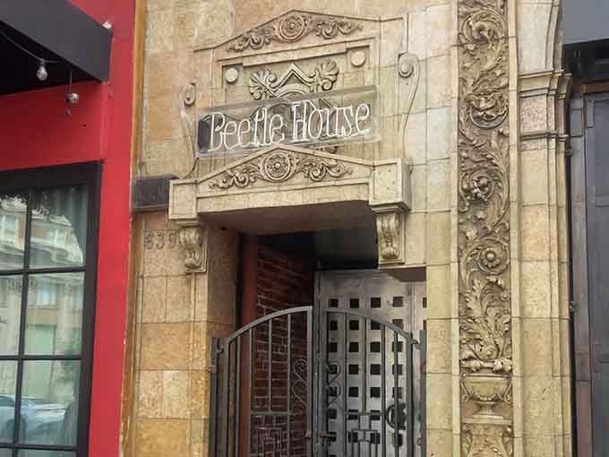 Beetle House's carved stonework and dramatic archway prove that dinner can feel like walking onto a movie set every time.