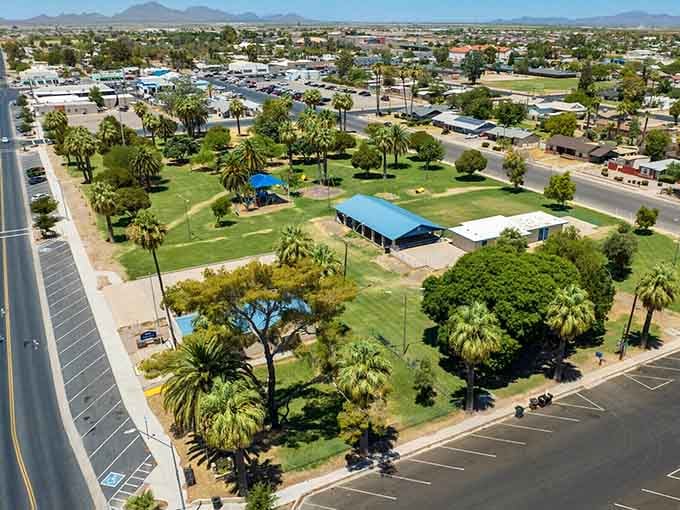 This palm-dotted park in Coolidge provides free relaxation space where Social Security dollars stay in your pocket.