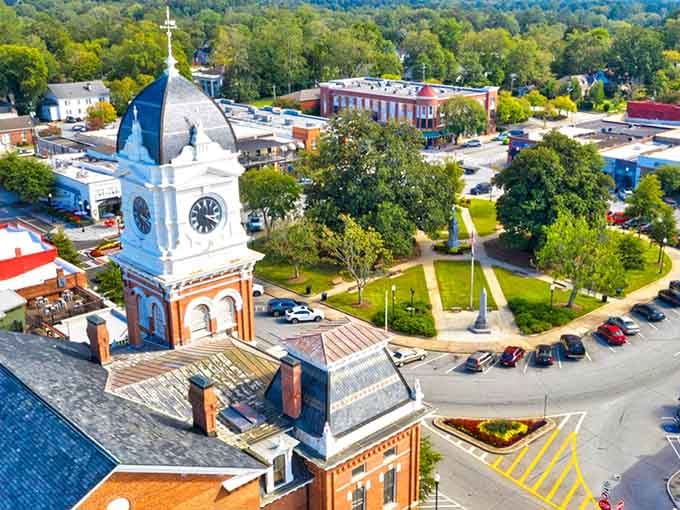 From above, that clock tower stands proud as the town's crown jewel, surrounded by tree-lined streets worth exploring.
