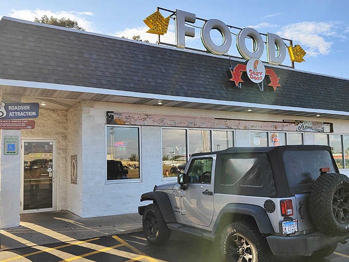 When a roadside joint proudly displays "FOOD" in giant letters, you know they're confident in what's inside!