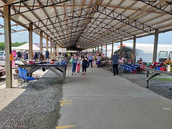 The covered pavilion keeps shoppers comfortable while browsing endless tables of bargains, rain or shine, any day.