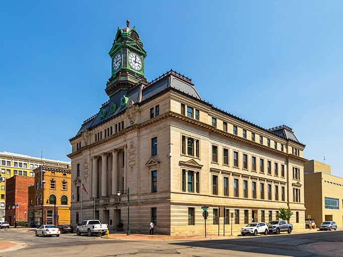 The stately courthouse anchors Fort Dodge's skyline, standing tall like a guardian of this affordable Iowa gem.