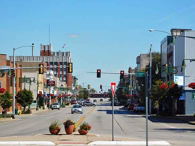 Galesburg's wide main street stretches toward the horizon, inviting you to explore without rushing through like bigger cities.