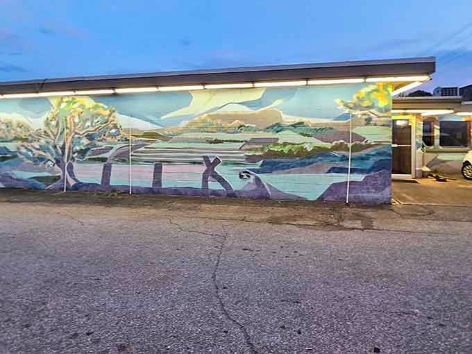 The landscape painting wrapping this restaurant makes waiting for your table feel like visiting an outdoor gallery.