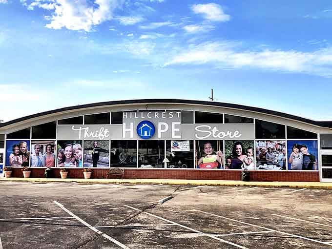 Sunny skies shine down on a storefront covered with smiling faces, showing the community impact of every purchase.