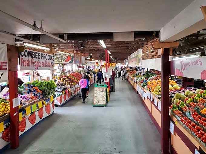 Fresh produce stalls burst with color like a farmer's market met a grocery store and had beautiful babies.