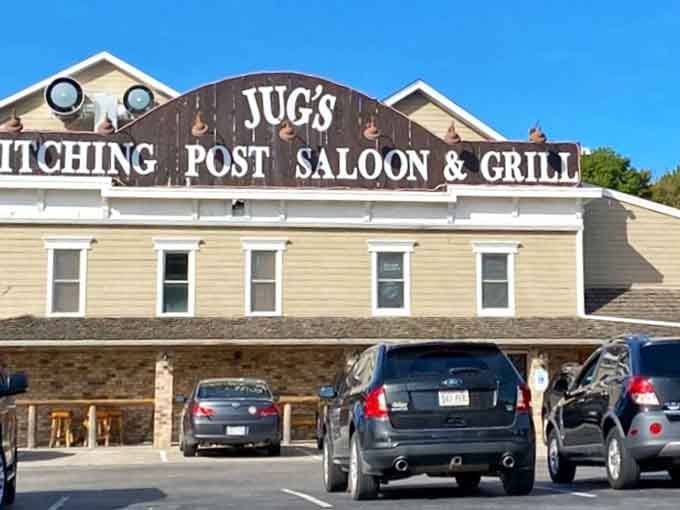 The Hitching Post stands proud under blue skies, ready to feed hungry travelers with hearty American classics.