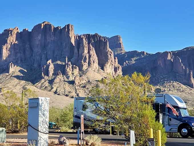 Those jagged peaks behind your campsite look like nature's own Gothic cathedral reaching toward endless blue skies.