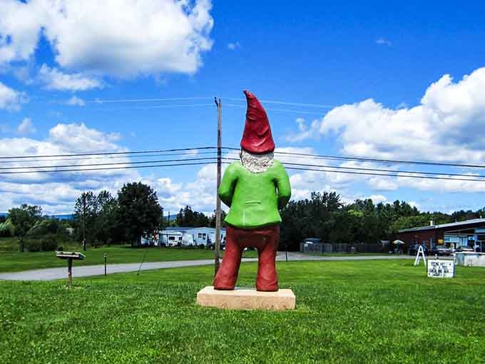 From behind, even a giant garden gnome looks ready to guard the Hudson Valley with pride.