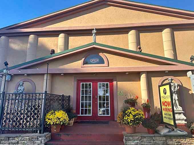 Those red doors aren't just an entrance—they're the gateway to pizza paradise where Italian dreams come true in Pennsylvania.