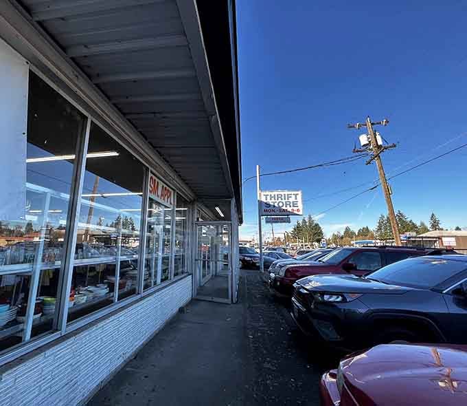 The long storefront and packed parking lot tell you everything about what waits inside those doors.