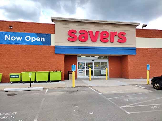 Those lime-green donation bins outside signal fresh inventory constantly flowing in, keeping the treasure hunt exciting every visit.