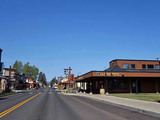 Clear blue skies and rustic charm make this street feel like stepping into a simpler, friendlier time.