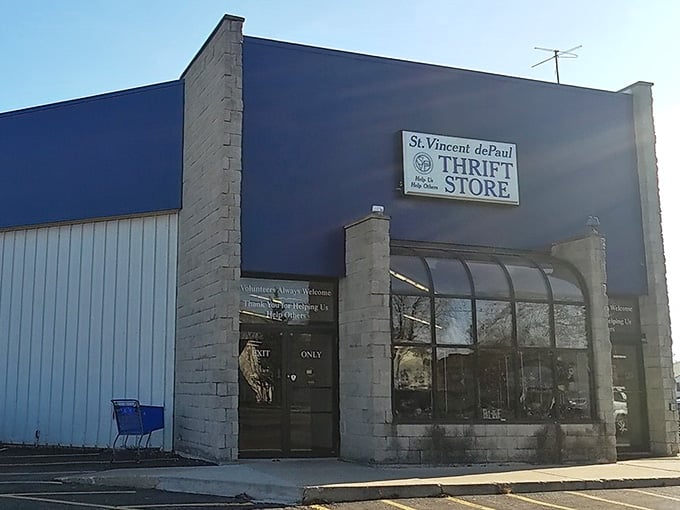 Stone accents frame the doorway to this thrift store that's become a community cornerstone for savvy shoppers.