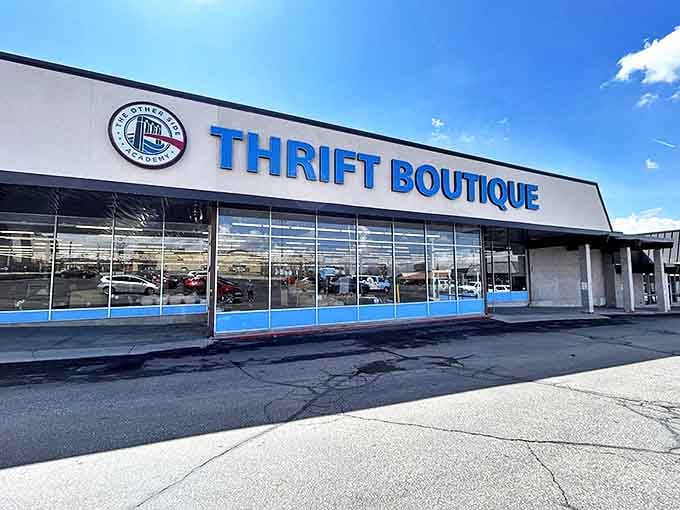 Sunny skies complement The Other Side's welcoming facade. A thrift store with both heart and style&mdash;the unicorn of secondhand shopping.