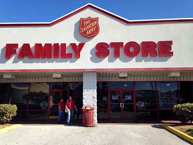 Salvation Army's bright red entrance invites thrifters in. Their spacious storefront promises a treasure trove of secondhand finds.