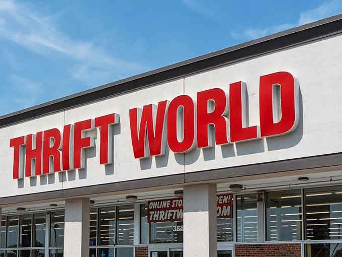 Those bold red letters practically shout "come find amazing deals" from the clean white storefront facade.