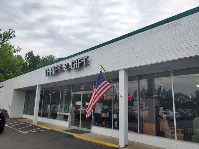 The clean white exterior and welcoming storefront make thrifting feel less like hunting, more like discovering.