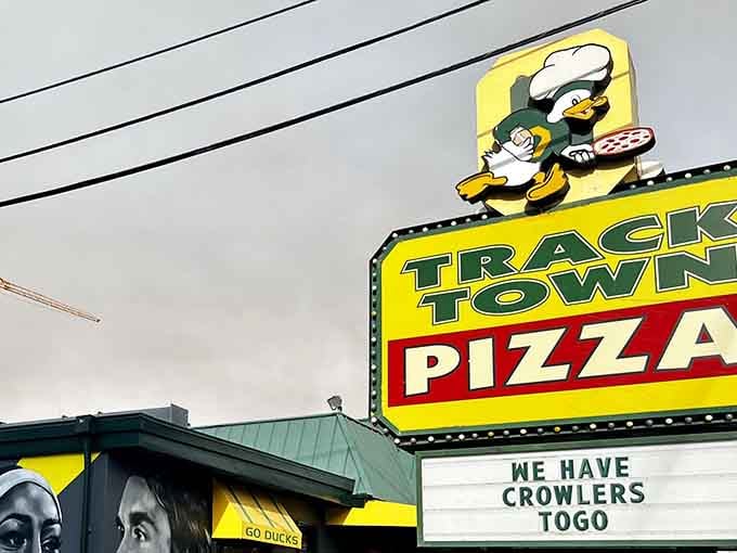 Track Town Pizza: Their duck mascot holding pizza might be the most honest advertising ever. "Yes, we're quirky, and yes, our pizza is worth it."