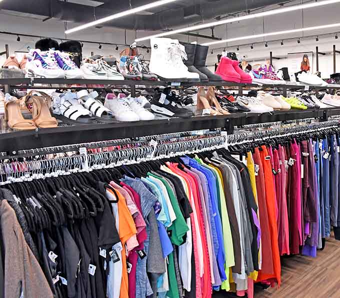 A rainbow of shoes and clothes organized like a department store, but with thrift store prices that'll make you smile.