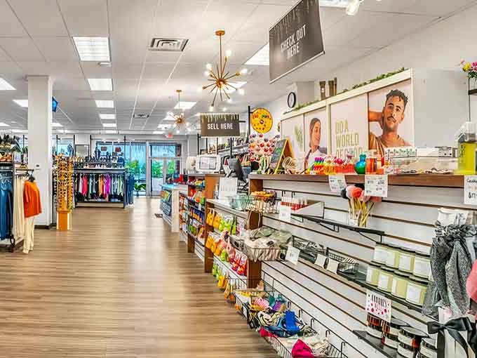 Inside, those mid-century modern light fixtures and wood floors transform secondhand shopping into a stylish urban adventure worth savoring.