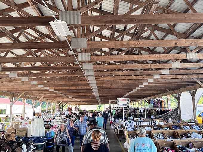 Those rustic wooden beams overhead create cathedral-like shopping aisles where bargain hunters find their version of heaven.