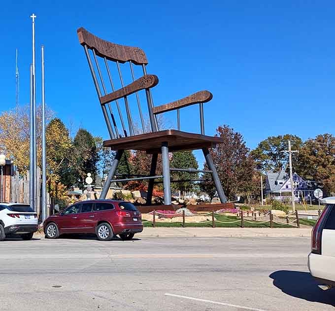 Fall colors complement Casey's record-breaking rocking chair, standing tall enough to make even Paul Bunyan feel like a toddler.