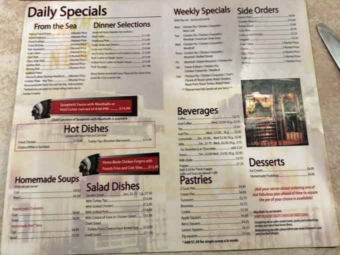 A menu that doesn't need fancy fonts or pretentious descriptions—just honest diner fare from "Hot Dishes" to those legendary homemade pies that keep locals coming back for decades.
