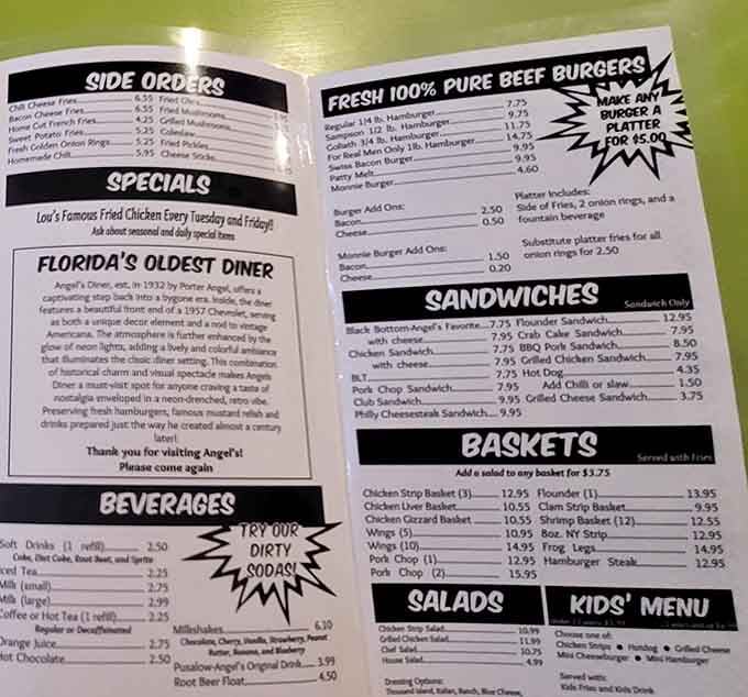 This menu promises 100% pure beef burgers and zero pretension, exactly what diner food should always be.