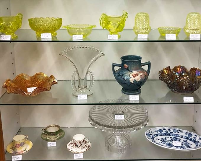 Depression glass that's anything but depressing. These luminous treasures catch the light like coastal sunsets, each piece whispering stories of elegant dinner parties from decades past.