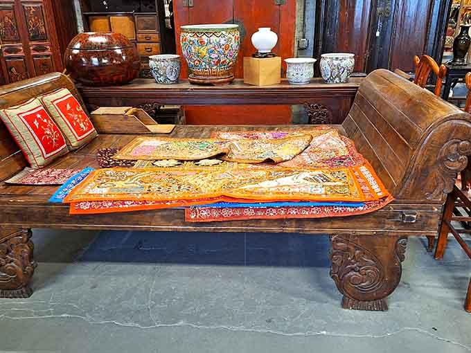 That moment when you realize this antique table has traveled further and seen more than most people's entire vacation history combined.