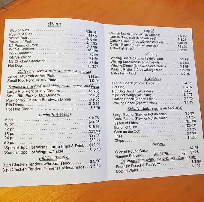This menu reads like a barbecue lover's wish list, offering everything from ribs to catfish at honest prices.