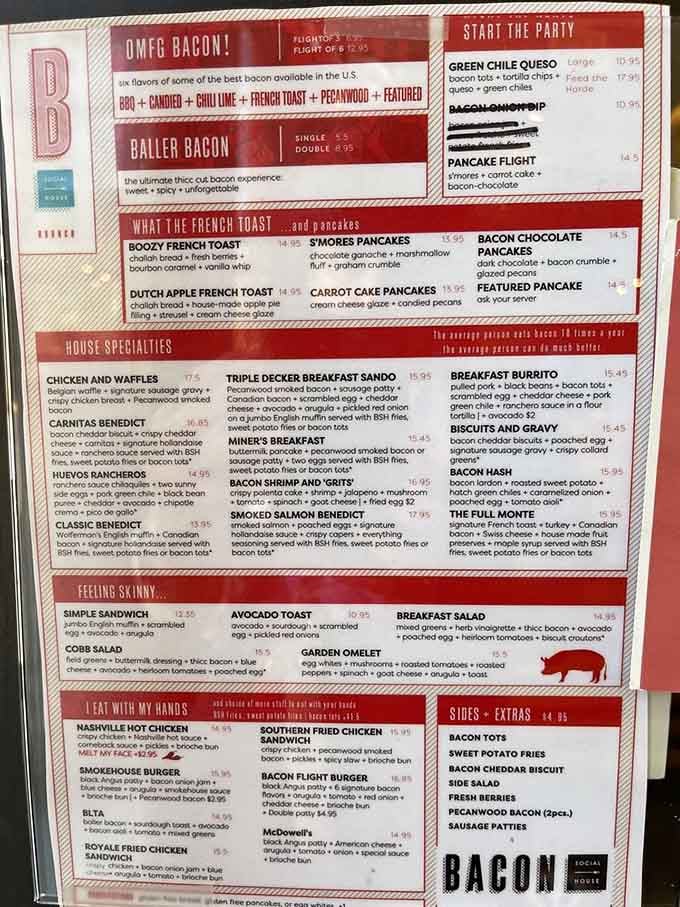 This menu reads like a love letter to bacon, written by someone who really understands the assignment.