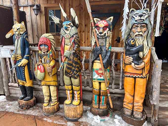 These hand-carved wooden figures greet visitors with more personality than most people you'll meet at the DMV.