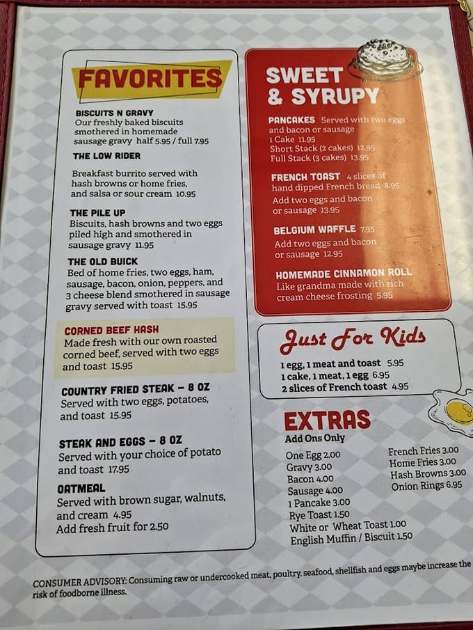 The menu reads like your grandmother's greatest hits, from Biscuits N Gravy to The Old Buick breakfast masterpiece.