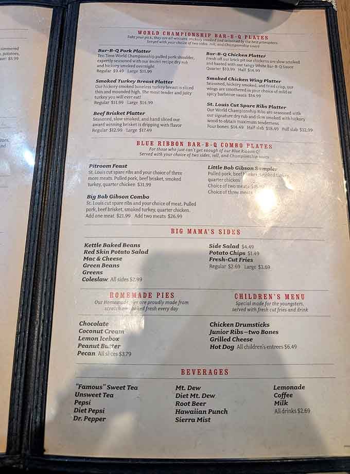 Championship platters line this menu like trophies, each one promising smoky, tender perfection on your plate.