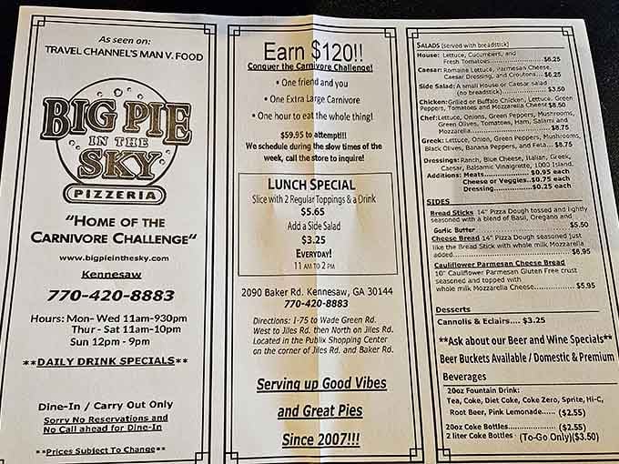 The menu proudly declares "Home of the Carnivore Challenge," which sounds like a dare your doctor wouldn't approve.