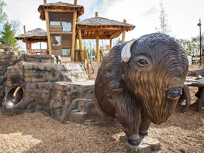Meet the guardian of Bison's Bluff, watching over tiny adventurers with the patience of a very large, very wooden saint.