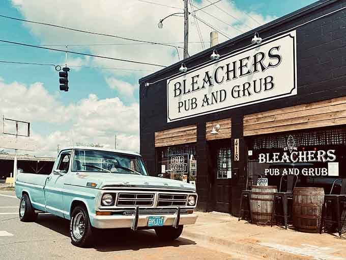 Bleachers Pub and Grub welcomes you with that vintage truck charm and promises of good times ahead.