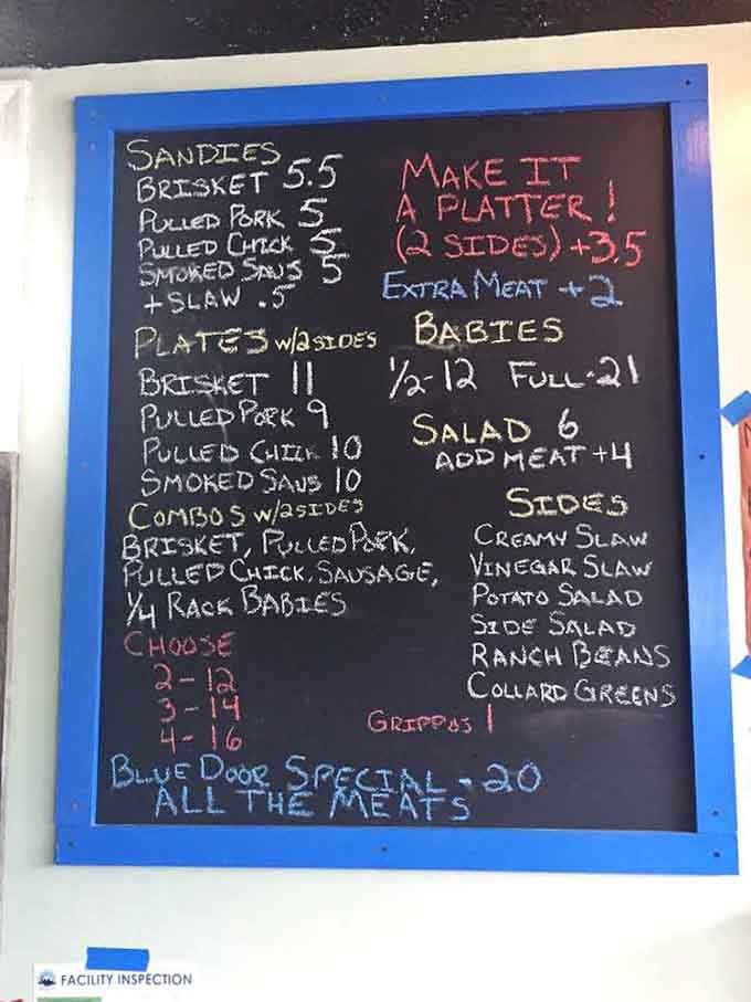 The chalk menu keeps it real: no fancy descriptions needed when your brisket speaks fluent delicious.