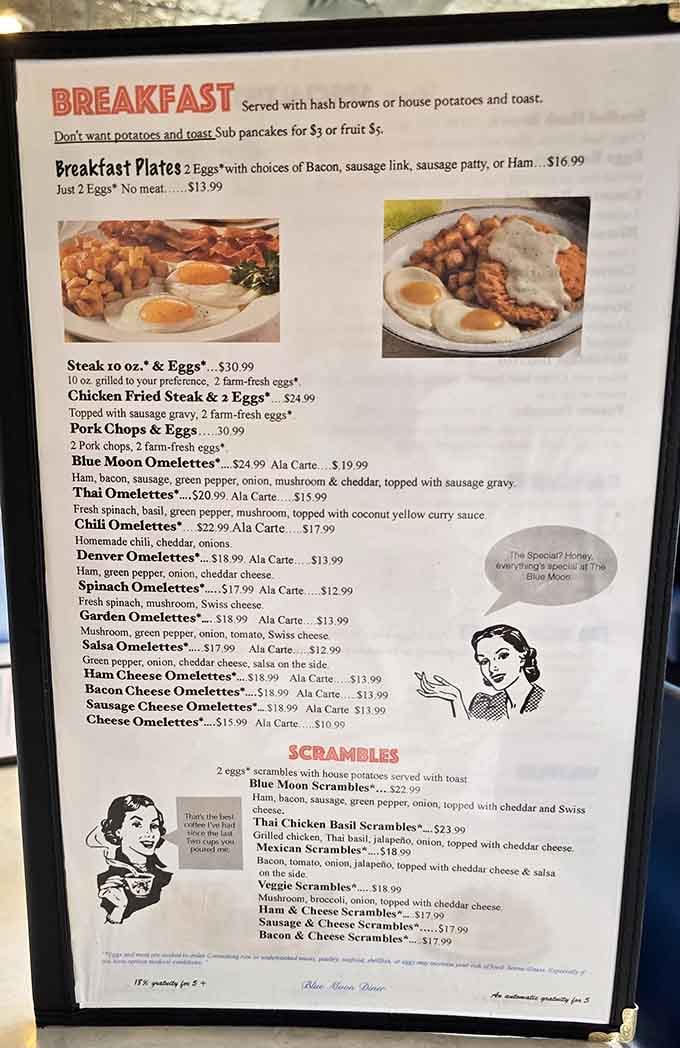 The breakfast menu reads like a greatest hits album of American diner classics, no skips allowed.