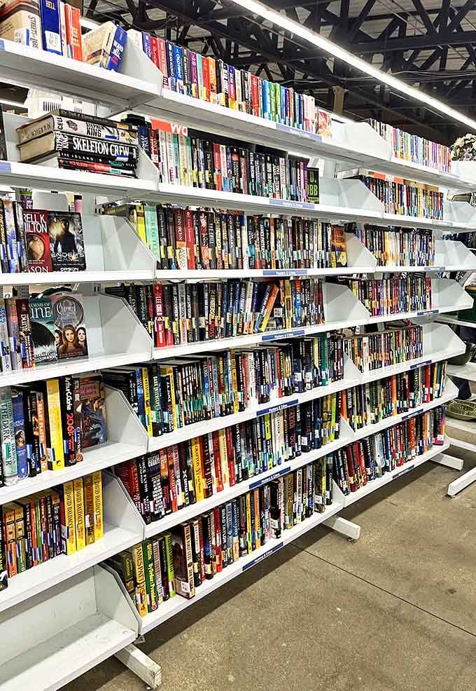 Literary treasures stacked like a bibliophile's dream. One person's discarded mystery novel becomes another's rainy day companion for less than a latte.