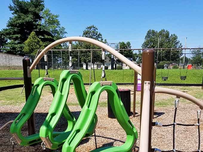Bright green swings await little adventurers at Bridgeton&rsquo;s beautiful parks, offering endless outdoor fun under the clear New Jersey sky.