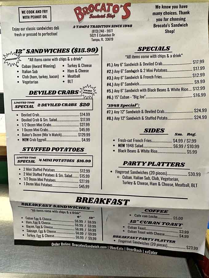 This menu is your roadmap to sandwich heaven, featuring Tampa's legendary deviled crab specialties.