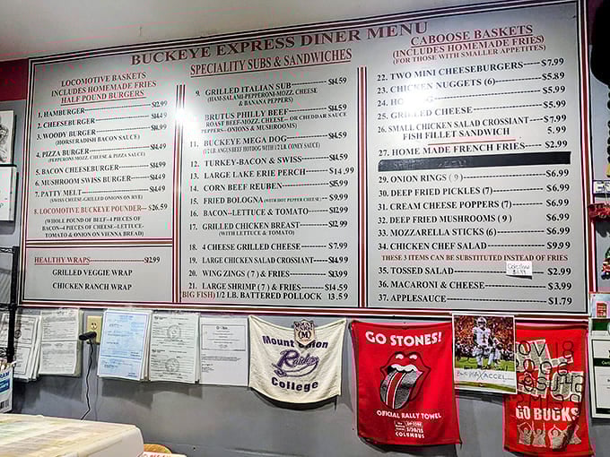 The menu board promises everything from locomotive baskets to mushroom Swiss burgers. Choose wisely, or don't, it's all good.