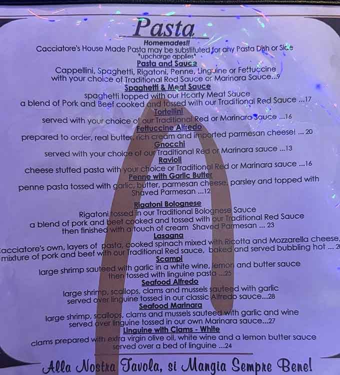 Homemade pasta options that read like a love letter to Italian-American cuisine, written in delicious ink.