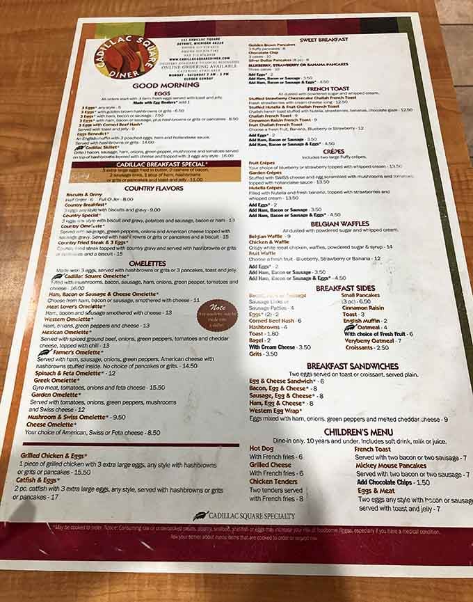 This menu reads like the greatest hits of American breakfast, proving that sometimes more really is more when it comes to egg options.