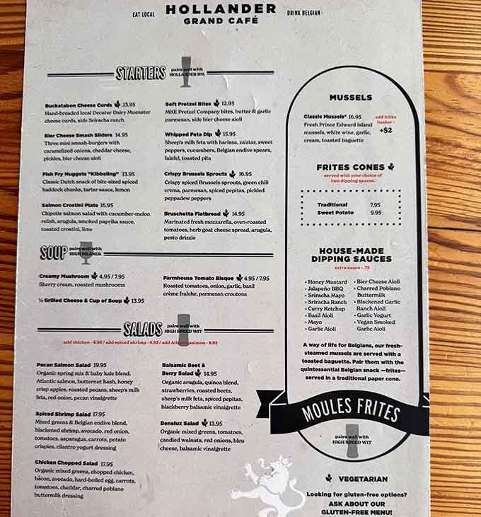 This menu reads like a love letter to Belgian cuisine, complete with house-made sauces and twice-fried perfection.