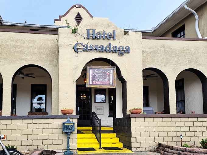 That bright yellow walkway to Hotel Cassadaga practically glows with welcome, like Dorothy's road but more mystical.