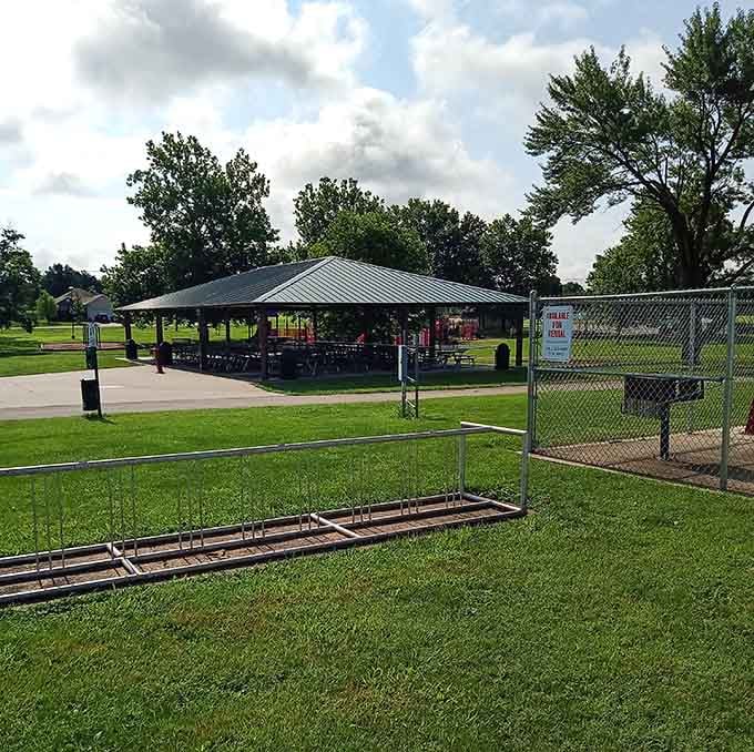 Liberty Park's covered pavilion offers a shady retreat for community gatherings, from family reunions to summer concerts under the Missouri sky.